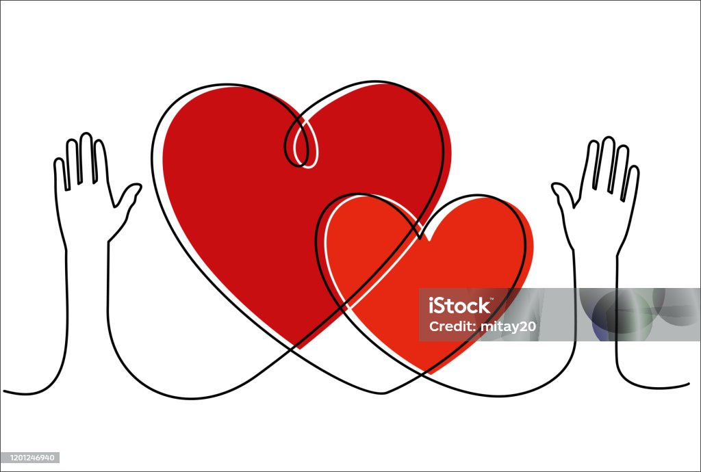 Hands And Hearts Raised Hands Volunteering Concept Continuous One Line