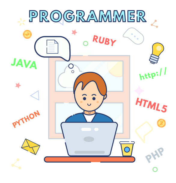 160 Programmer Coding Laptop Computer Work Desk Freelancer Sitting On Table Stock Illustrations