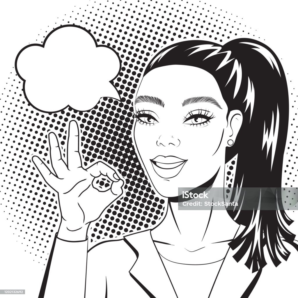 Businesswoman Showing Ok Sign Black And White Line Art In Pop Art Retro