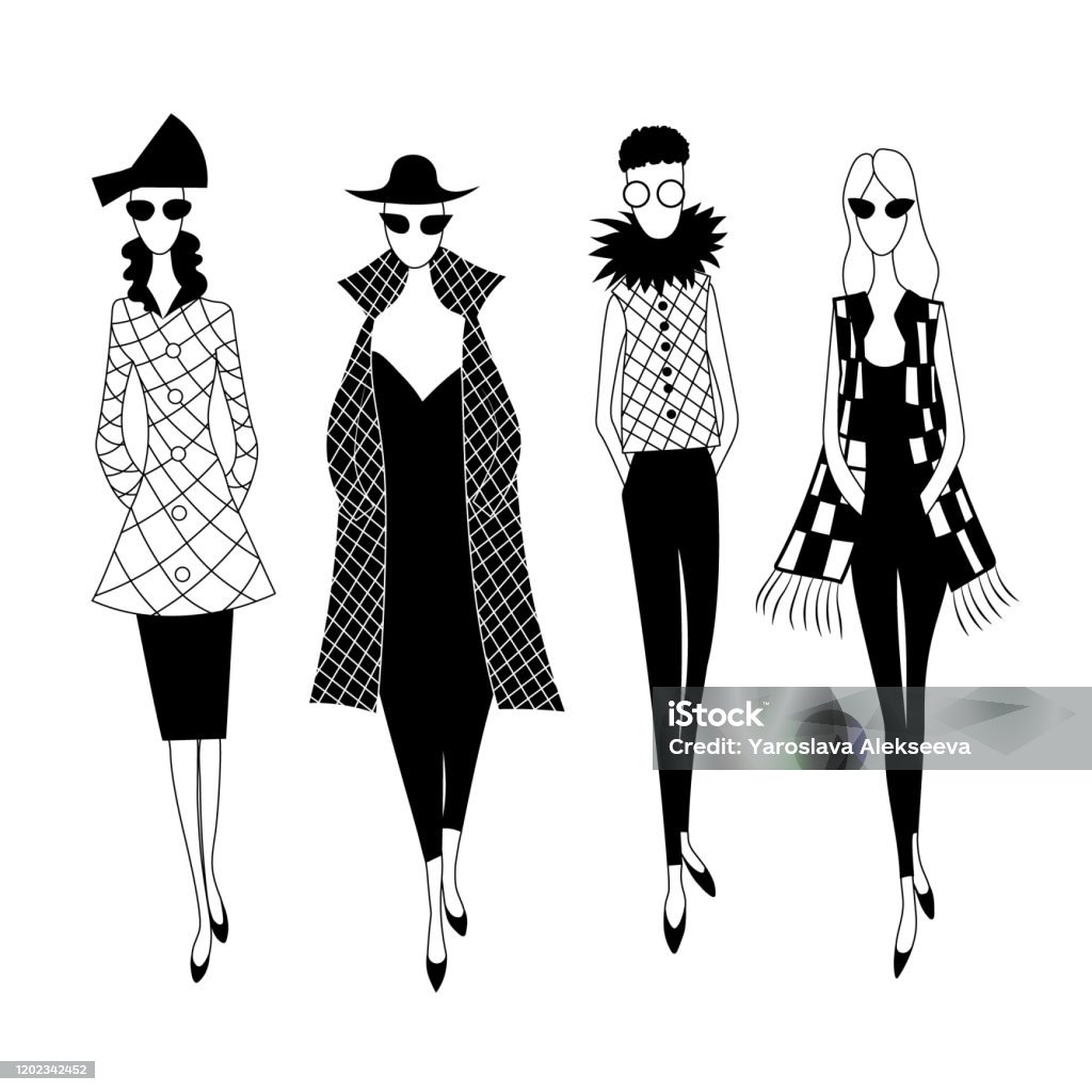 Fashion Women In Checkered Dress Drawing Outline Model Set Stock