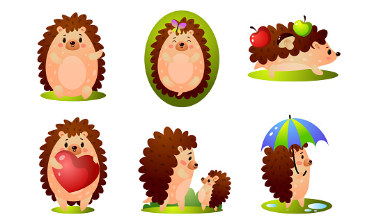 Set Landak Hutan Bahagia Yang Lucu Dalam Situasi Yang Berbeda Ilustrasi