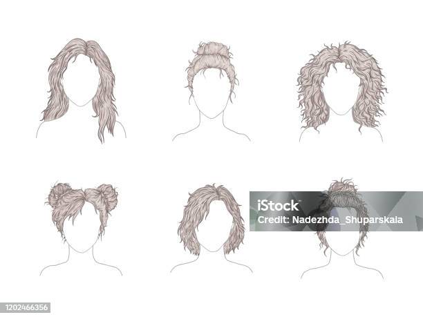 Vector Set Of Six Different Women Hairstyles Stock Illustration