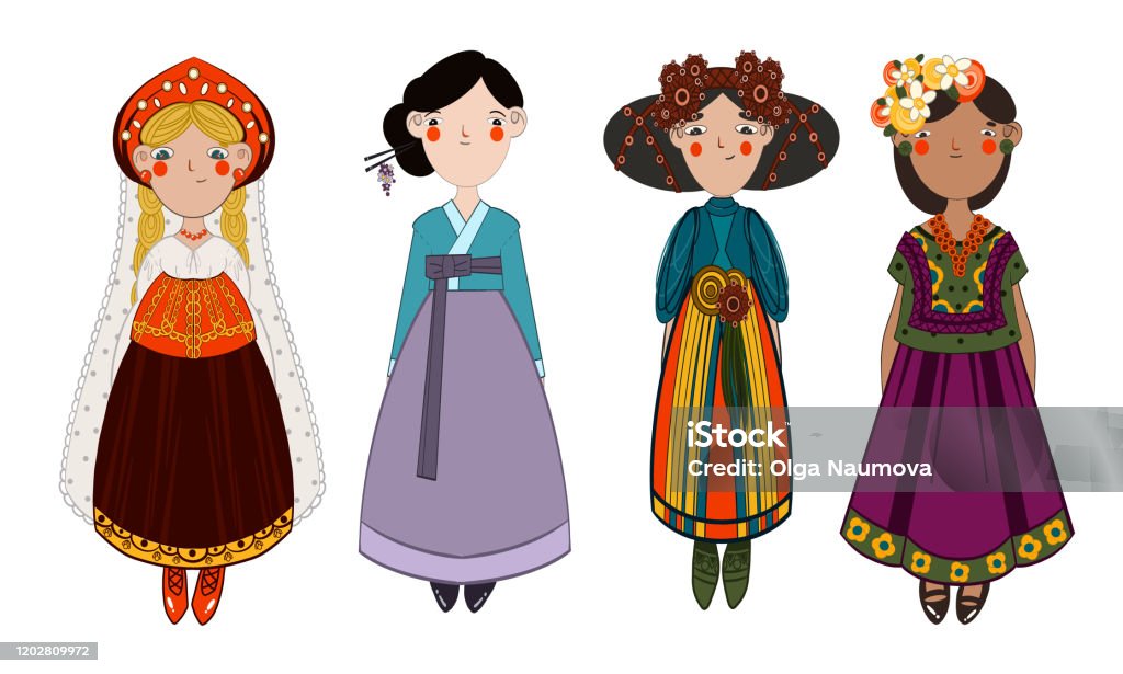 Women Wearing Stylish Various National Costumes Vector Illustration