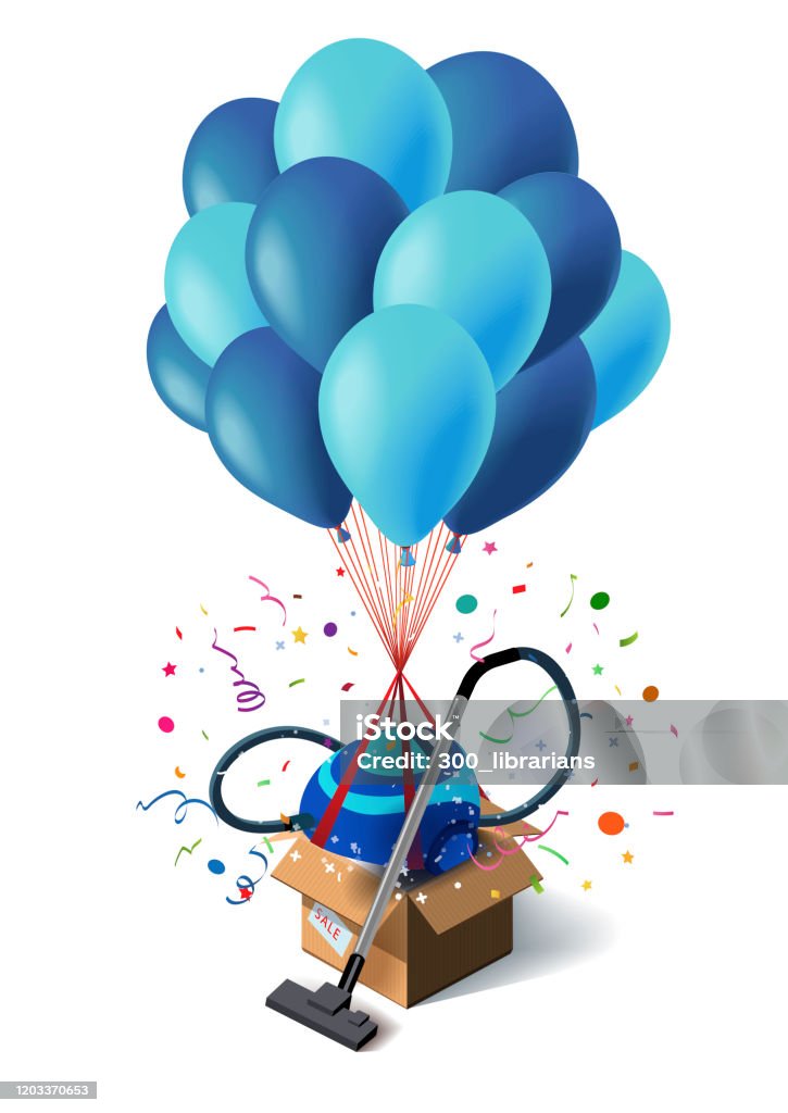 Vacuum Cleaner In Souvenir Packaging On A White Background And Festive Balloons Stock