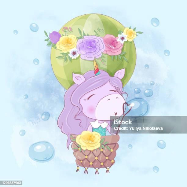 Bir Balon Sevimli Bir Tek Boynuzlu At Kız Suluboya Karikatür ... Bir Balon Sevimli Bir Tek Boynuzlu At Kız Suluboya Karikatür ...