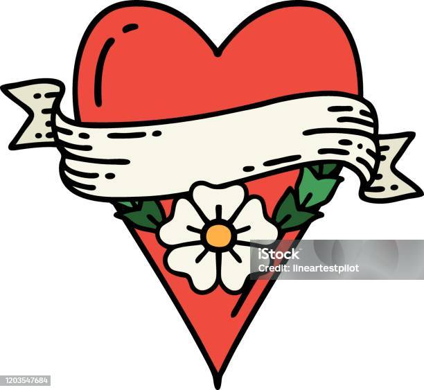 Tatouage Traditionnel Dune Fleur Et Dune Bannière De Coeur Vecteurs