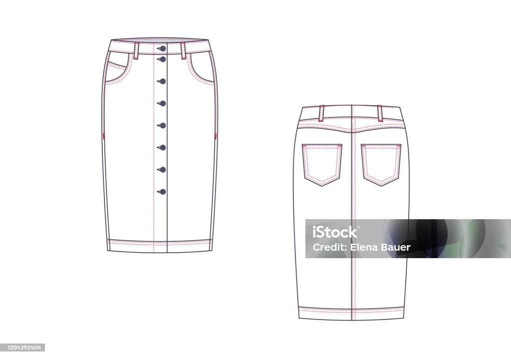 Technical Drawing Of Midi Jean Skirt Fashion Template Stock