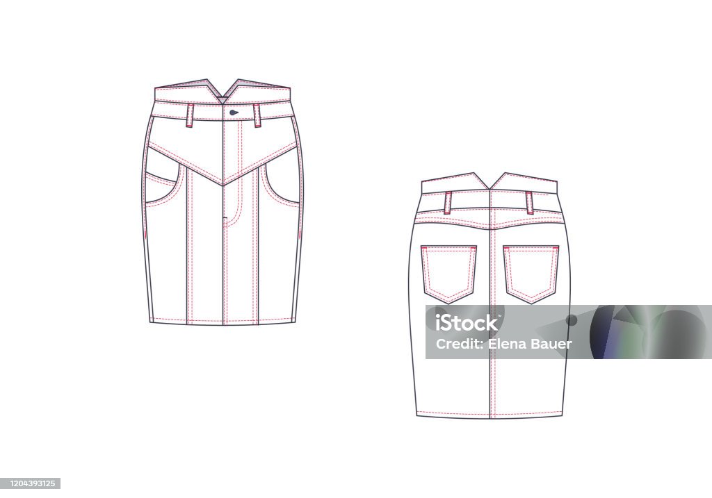 Technical Drawing Of Midi Jean Skirt Fashion Template Stock