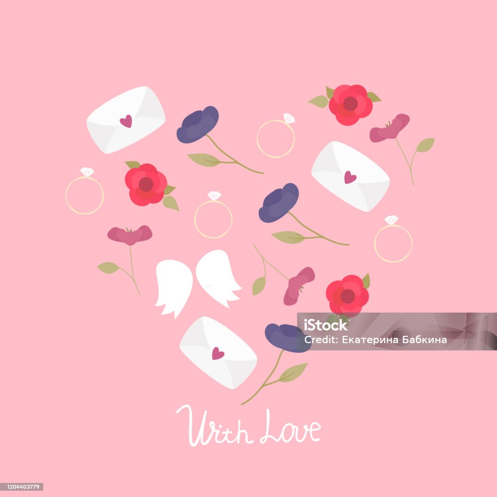 Vector Illustration With Heart And Inscription With Love On Pink
