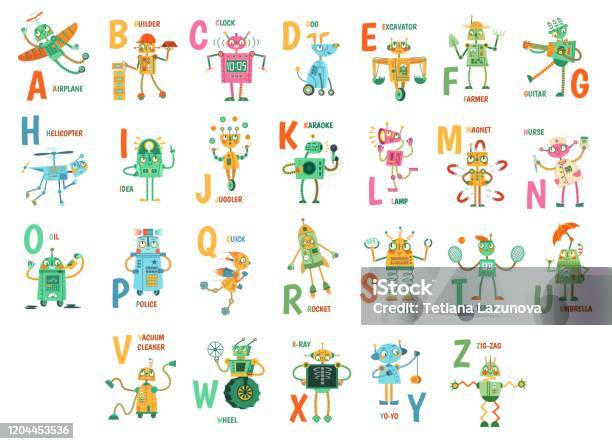 Alphabet De Robots De Dessin Animé Personnages Drôles De Robot Lettres