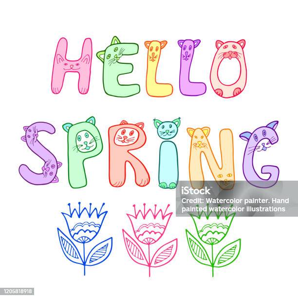 Bunte Hallo Frühling Schriftzug Im Doodlestil Isoliert Auf Weißem ... Bunte Hallo Frühling Schriftzug Im Doodlestil Isoliert Auf Weißem ...