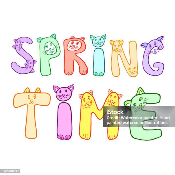 Bunte Frühlingszeit Schriftzug Im Doodlestil Isoliert Auf Weißem ... Bunte Frühlingszeit Schriftzug Im Doodlestil Isoliert Auf Weißem ...