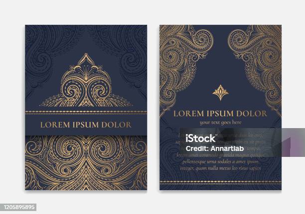 Desain Kartu Undangan Mewah Biru Tua Dan Emas Template Ornamen Vintage