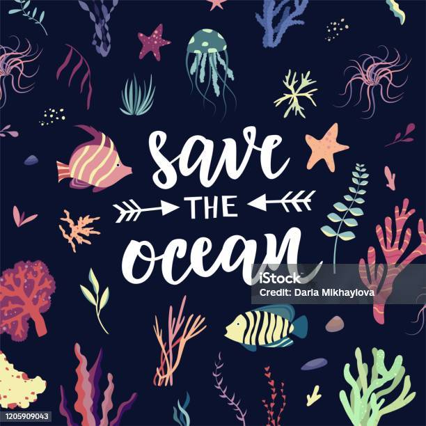 Save The Ocean Hand Lettering Text Ecology Print Planet And Environment