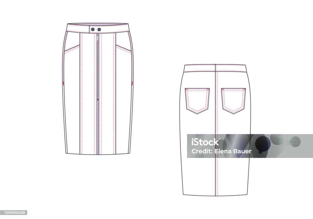 Technical Drawing Of Midi Jean Skirt Fashion Template Stock