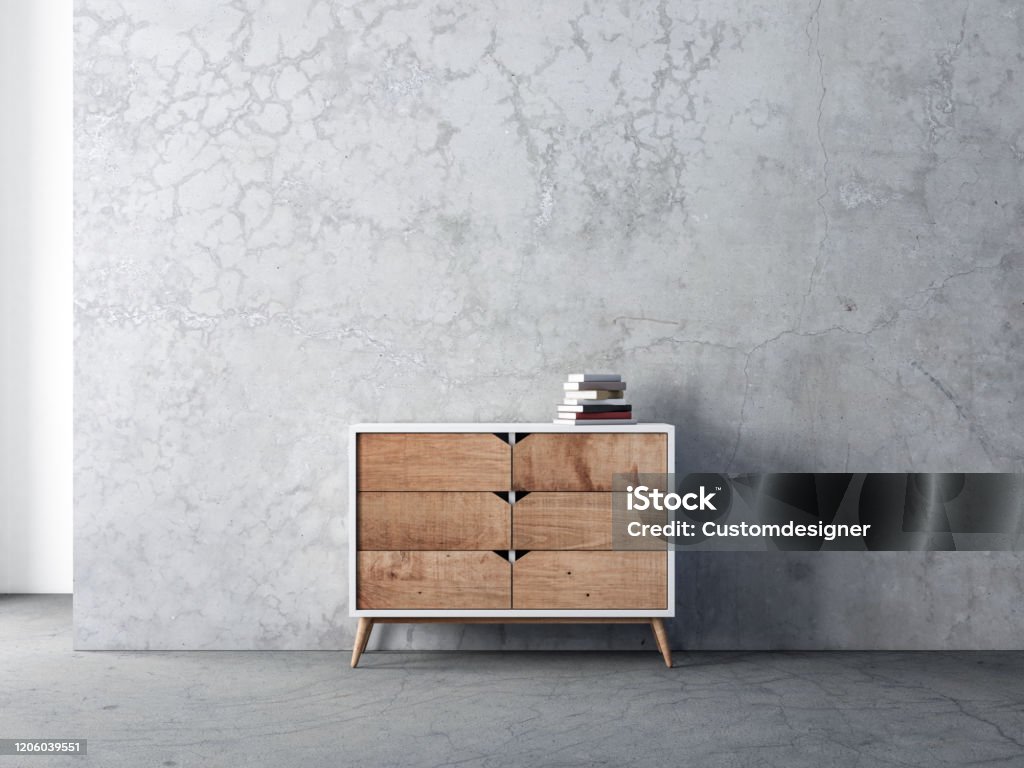 Biro Modern Mockup Di Ruang Tamu Kosong Dengan Dinding Beton Foto Stok