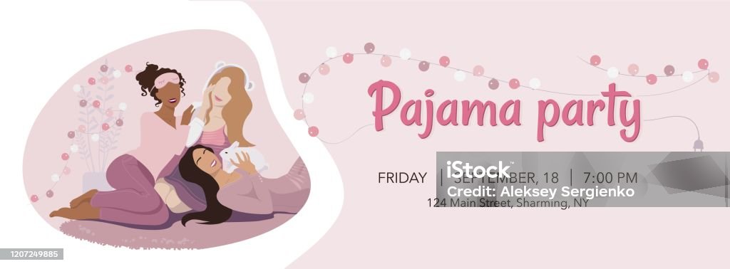 Three Happy Girls Of Diverse Race In Pink Nightwear Sitting On The