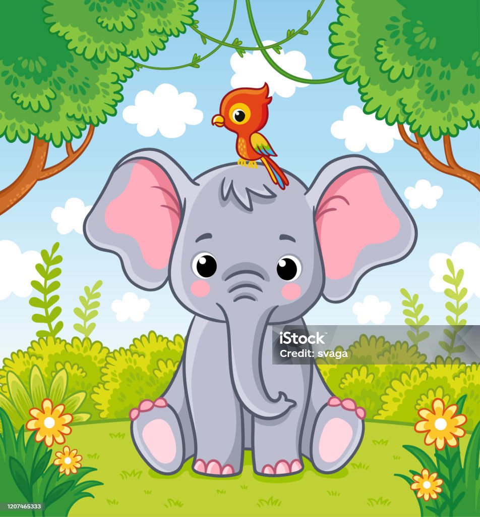 Gajah Kecil Yang Lucu Duduk Di Pembukaan Di Hutan Dengan Burung Beo Di ... Gajah Kecil Yang Lucu Duduk Di Pembukaan Di Hutan Dengan Burung Beo Di ...