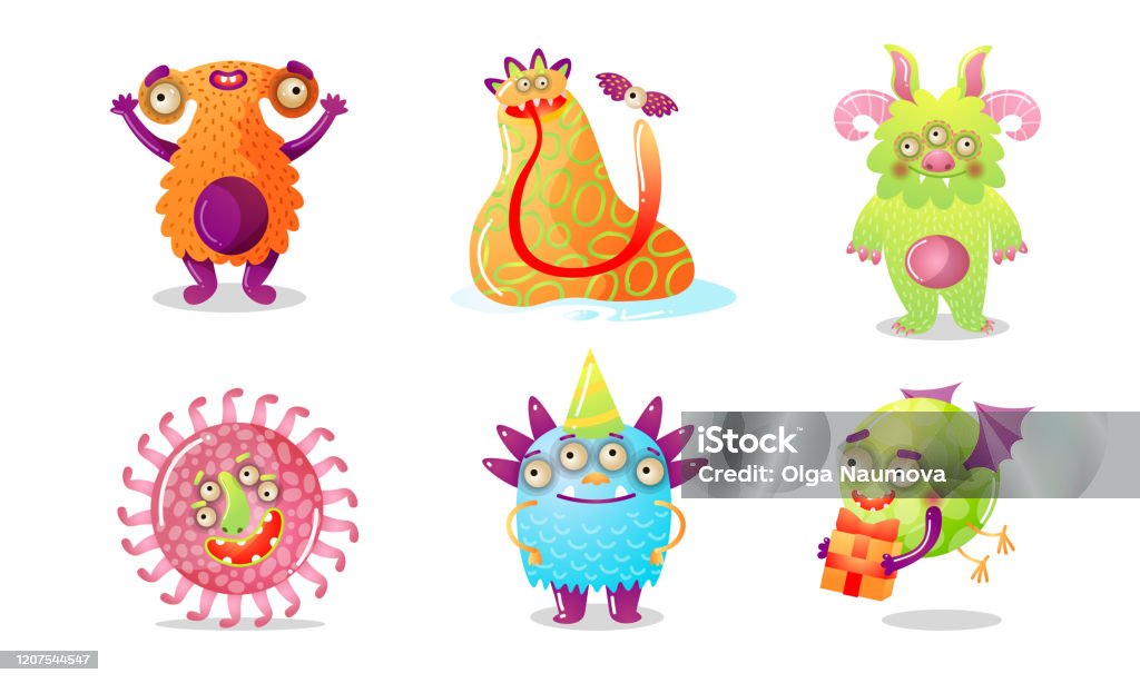 Set Of Colorful Cartoon Funny Monsters Vector Illustration In Flat