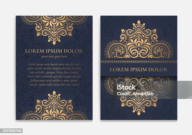 Desain Kartu Undangan Mewah Biru Tua Dan Emas Template Ornamen Vintage