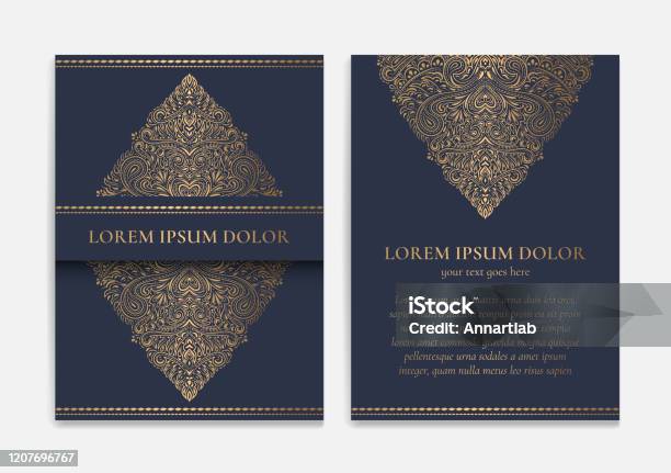 Desain Kartu Undangan Mewah Biru Tua Dan Emas Template Ornamen Vintage