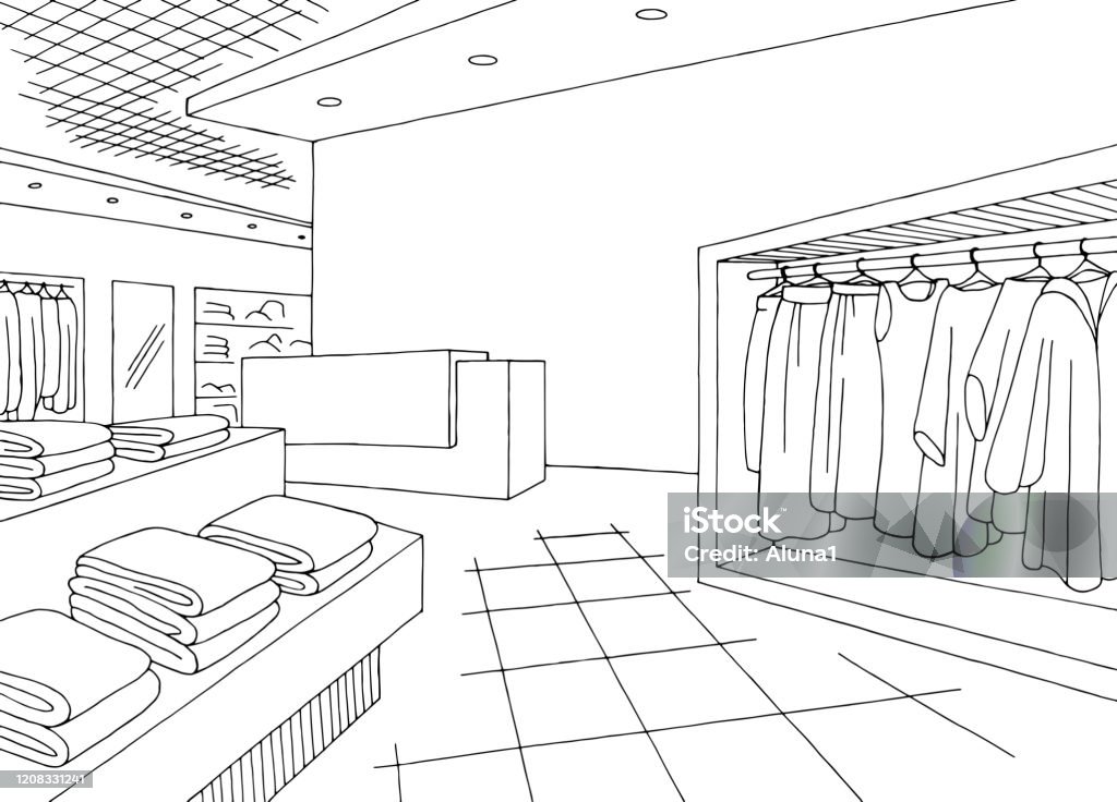 Toko Toko Interior Grafis Hitam Putih Sketsa Vektor Ilustrasi Ilustrasi
