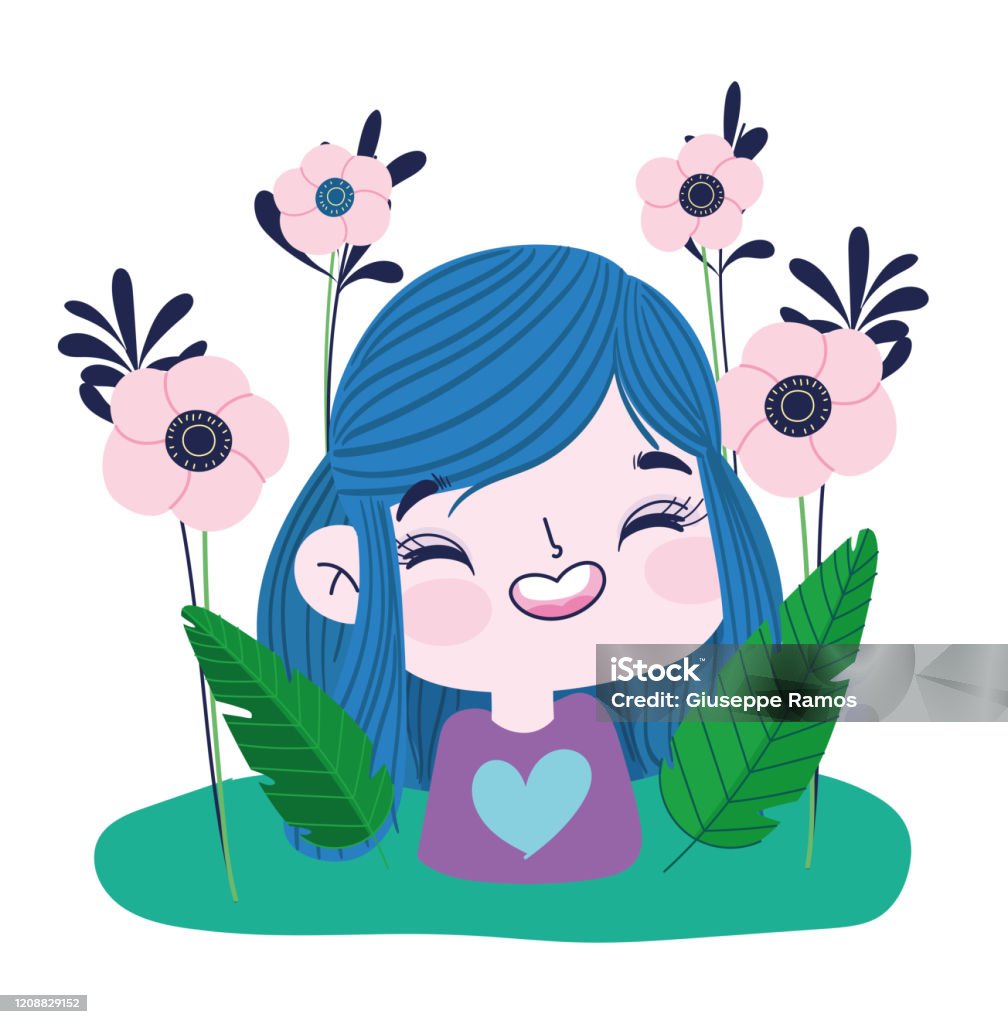 Happy Girl Face With Flowers And Leaves Nature Botany Stock