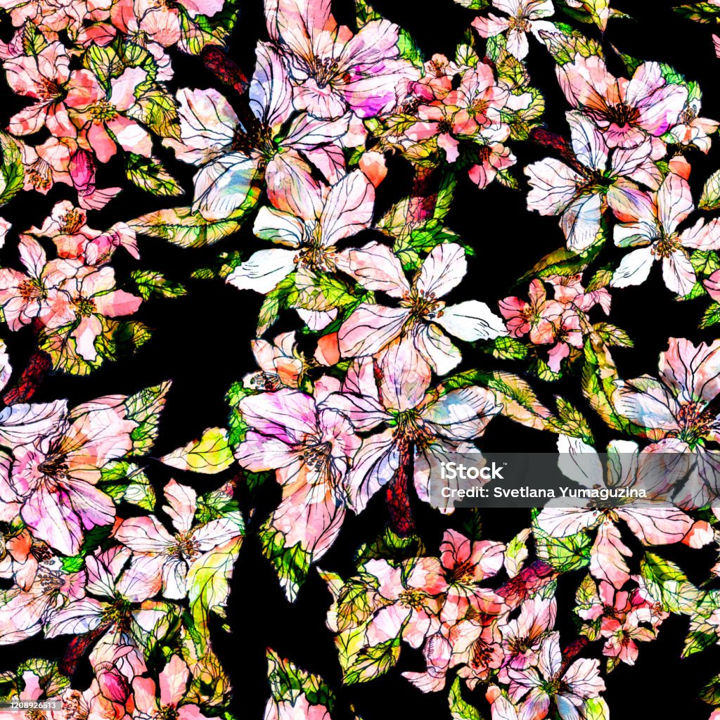 Dessin À Laquarelle Et À Lencre Fleurs Du Pommier Modèle Sans Couture