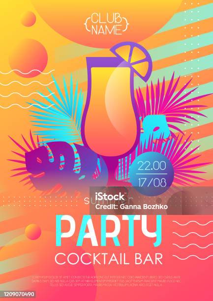 Poster Estivo Di Cocktail Party In Discoteca Con Piante Tropicali Ed