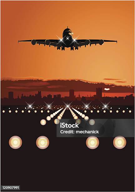 Airliner Landing At Skyline向量圖形及更多飛機跑道圖片 飛機跑道 照明設備 飛機 Istock