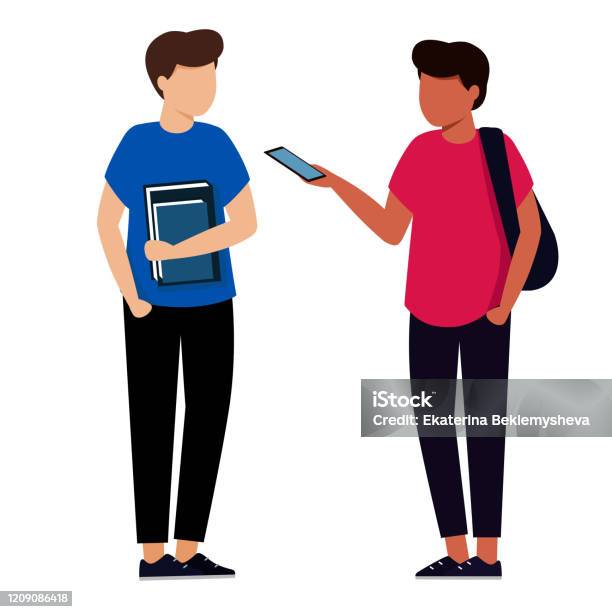 Dua Siswa Sedang Berbicara Orangorang Dengan Buku Dan Ransel ... Dua Siswa Sedang Berbicara Orangorang Dengan Buku Dan Ransel ...