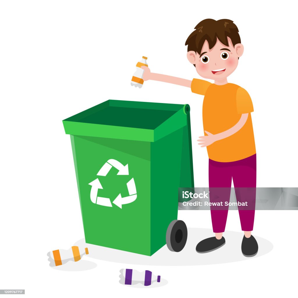 Ilustración De El Niño Pequeño Es Tirar Basura En Un Cubo Aislado En El