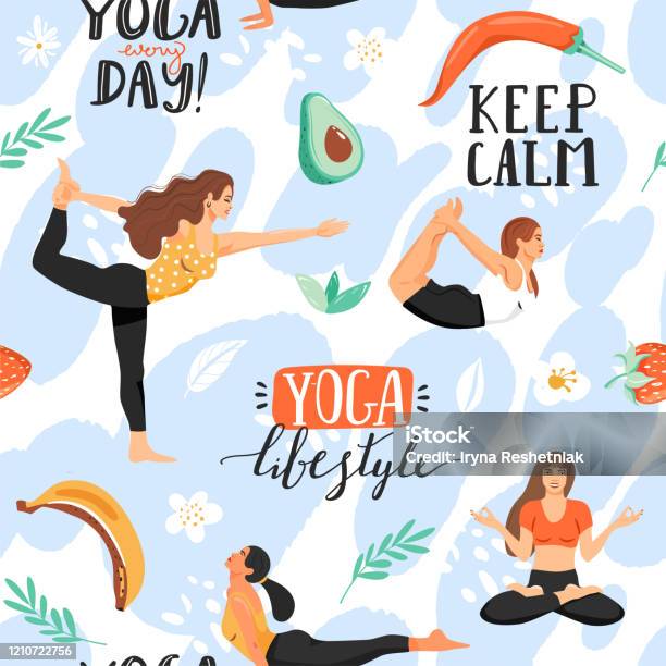 Seamless Pattern With Women In Various Yoga Poses Lettering Phrases
