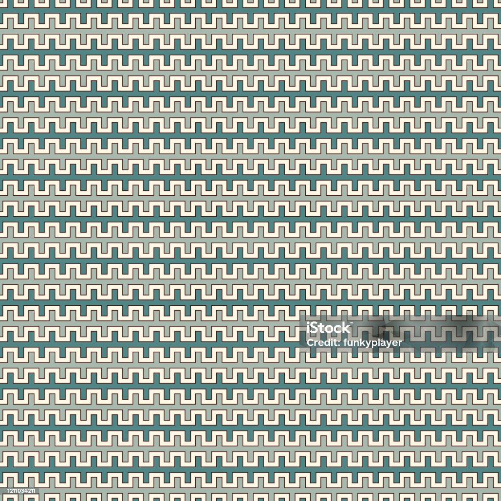 Blue Colors Seamless Pattern With Battlement Curved Lines Repeated Geometric Figures Wallpaper