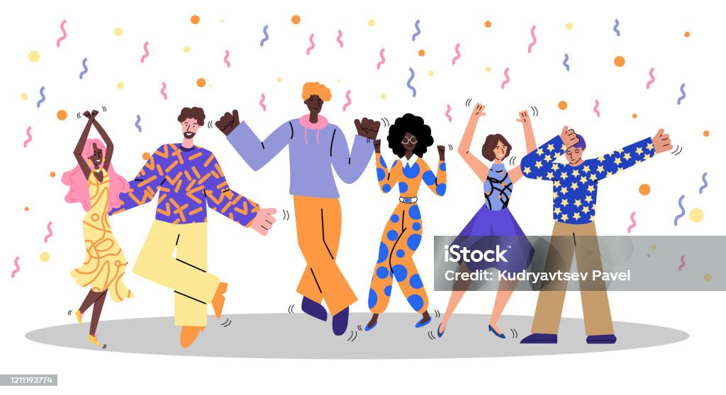 Kelompok Teman Di Pesta Dansa Retro Orang Kartun Menari Dan ... Kelompok Teman Di Pesta Dansa Retro Orang Kartun Menari Dan ...