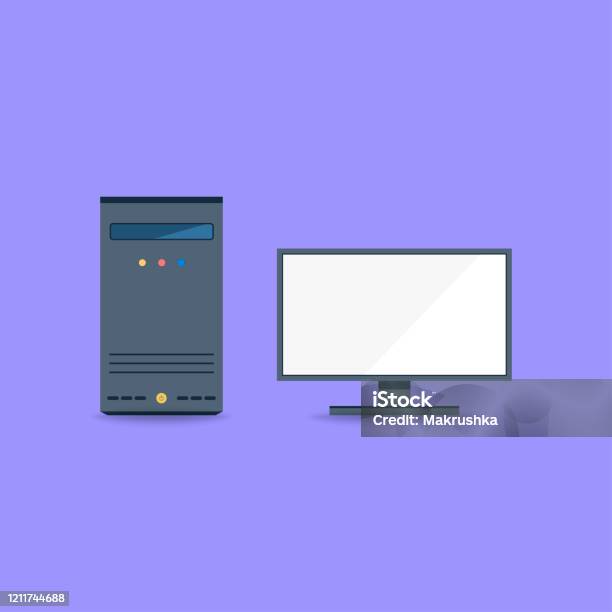 Komputer Dengan Monitor Dalam Desain Datar Dengan Bayangan Menara Dan