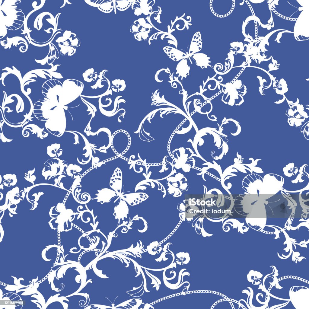 Baroque Seamless Pattern With Silhouette Of Chains And Flowers Vector