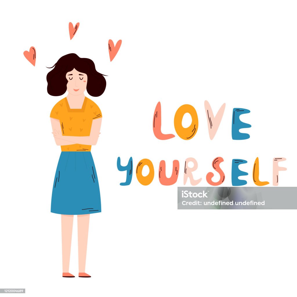 Young Woman Hugging Herself Love Yourself Concept Poster With Cute