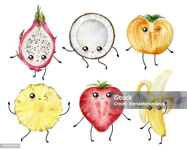 Tranches De Fruits De Dessin Animé De Vecteur Daquarelle Dans Le Modèle