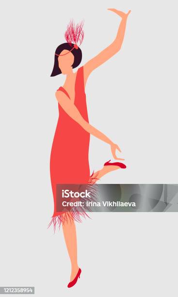Retro Illustration The Darkhaired Girl Of 1920s In A Red Dress Dancing