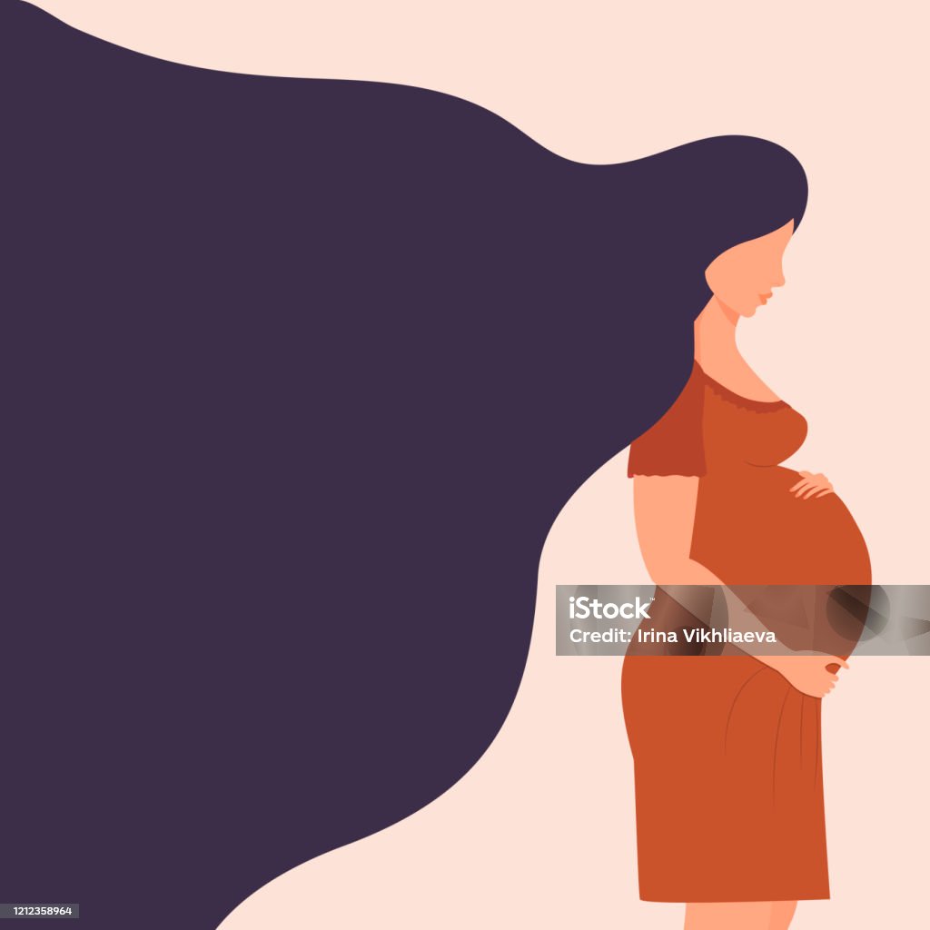 Cute Darkhaired Pregnant Girl A Woman Stands Sideways And Gently Hugs