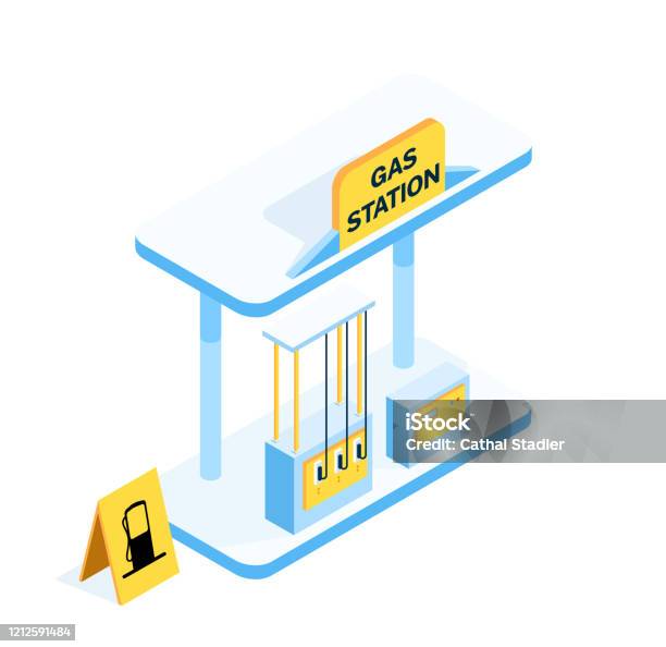 Spbu Biru Isometrik Vektor Dengan Ilustrasi Spanduk Kuning Bahan Bakar