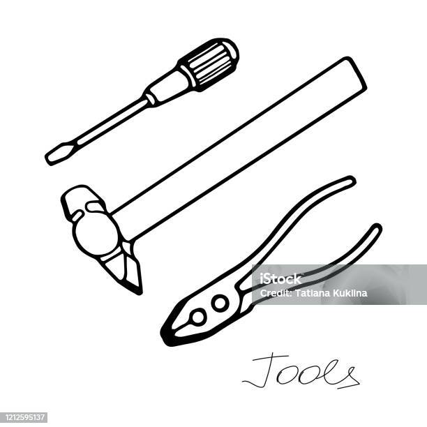 Illustration Noire De Vecteur De Maindessin Des Outils Métalliques De
