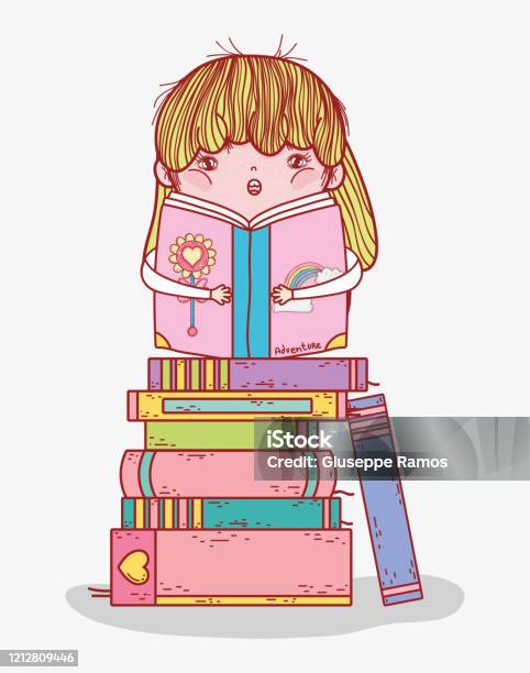Gadis Kecil Membaca Buku Dalam Buku Bertumpuk Kartun Ilustrasi Stok ... Gadis Kecil Membaca Buku Dalam Buku Bertumpuk Kartun Ilustrasi Stok ...