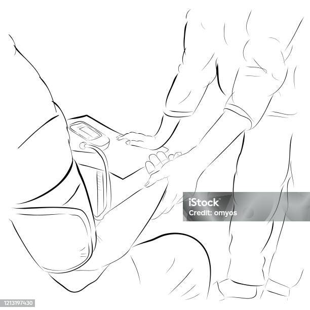 Vector Tangan Gambar Sketsa Pria Duduk Lakukan Medical Check Up Dengan