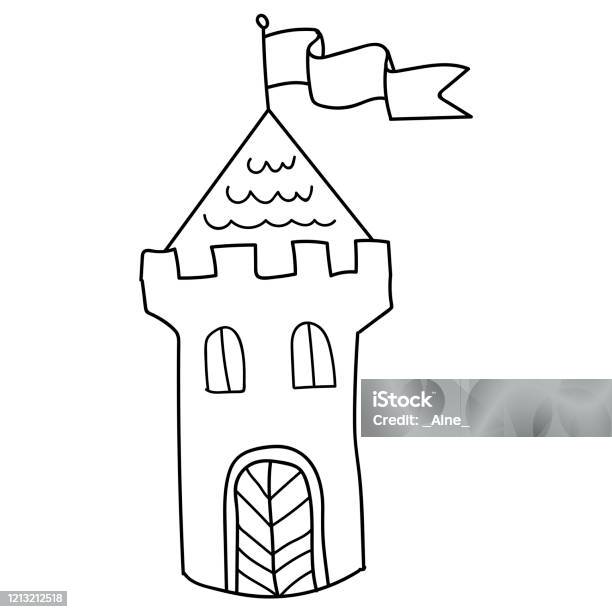 Kartun Linear Doodle Retro Castle Dengan Bendera Terisolasi Di Latar