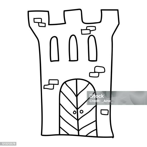 Kartun Linear Doodle Retro Kastil Kuno Terisolasi Pada Latar Belakang