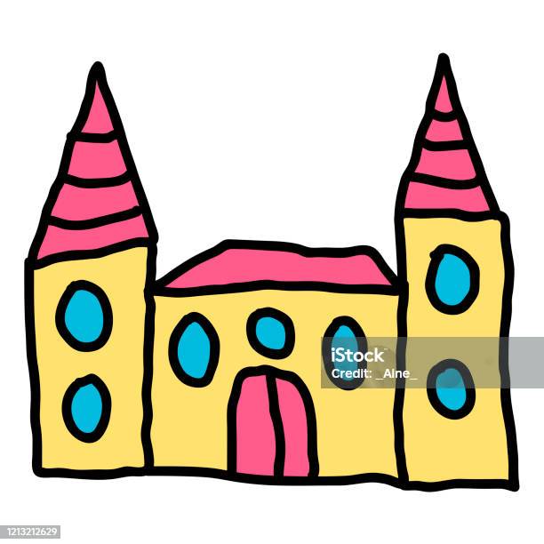 Kastil Linear Doodle Kartun Terisolasi Dengan Latar Belakang Putih