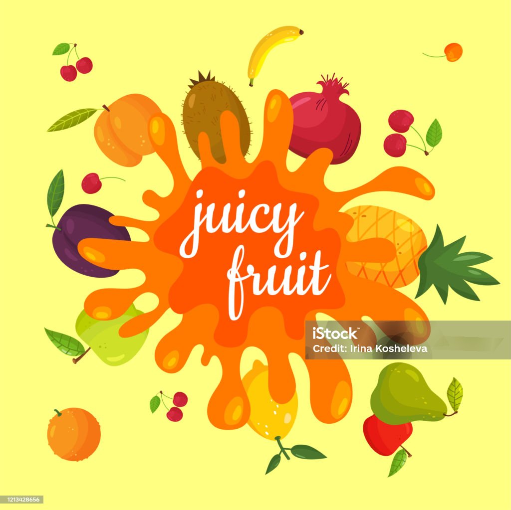 Jus Dari Buahbuahan Berair Dengan Gaya Kartun Dengan Tulisan Di Tengah Diet Sehat Ilustrasi Stok