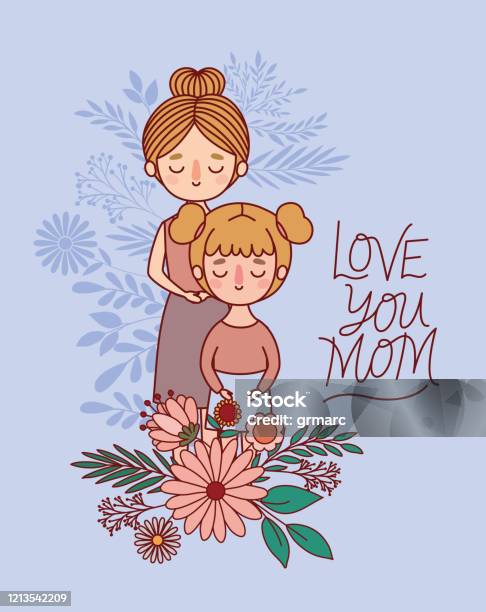 Mor Och Dotter Tecknad Med Blommor Och Blad Vektor Design Vektorgrafik